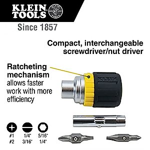 Klein Tools 32593 Multi-bit Ratcheting Screwdriver, 6-in-1 Stubby Tool with Phillips and Slotted Bits and 2 Nut Driver Sizes