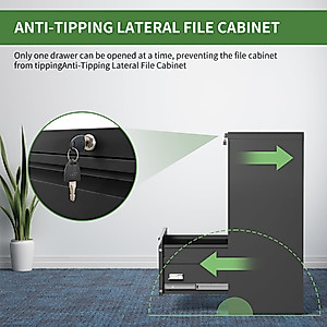 VIYET Lateral File Cabinet with Lock,3 Drawer Metal File Cabinets, Home Office Storage Cabinet for Hanging Files Letter/Legal/F4/A4 (Black)