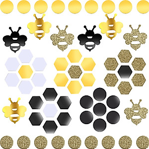 410 Pieces Bee Confetti Gold Glitter Bee Confetti Yellow Black Bee Confetti Circle Confetti Honeycomb Hexagon Confetti for Bee Themed Party Baby Shower Birthday Table Decoration