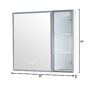 WELLFOR 30 X 28 Inch LED Lighted Bathroom Medicine Cabinet with Mirror, Bathroom Vanity Mirror Cabinet with Dimmable Lights and Defogger, 3 Solid Wood Shelves, Ample Storage Space, Quiet Closing Door