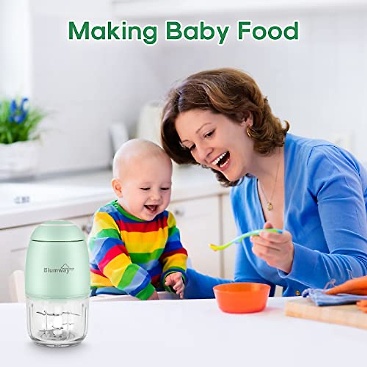 300ML Electric Mini Food Processor, 60W Cordless Food Press Garlic Chopper, Mini Blender For Garlic,Vegetable,Fruit,Onions,Chili,Meat,Salad,Baby Food, Glass Container (Green)