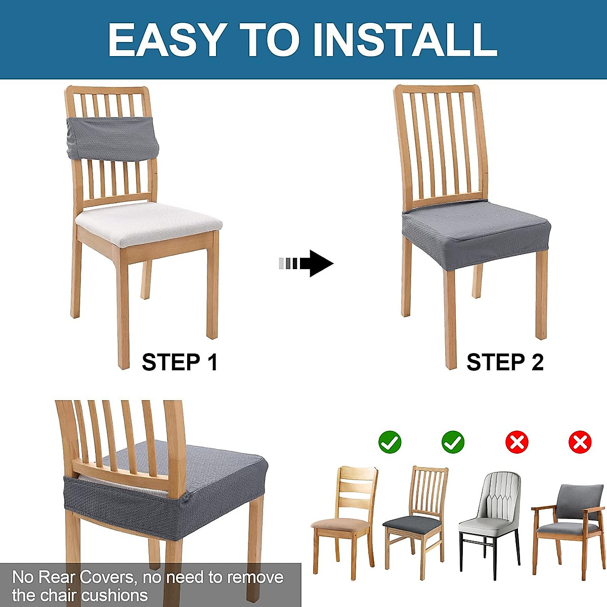 Smiry Waterproof Seat Covers for Dining Room Chairs Set of 2, Stretch Jacquard Removable Washable Chair Seat Slipcovers Protector, No Rear Covers, Grey