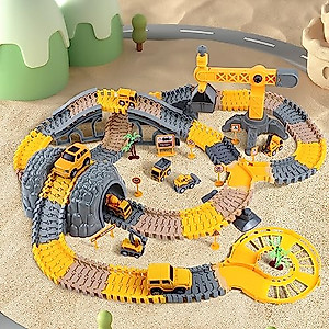 TUMAMA 258pcs Construction Race Track Vehicle Toys for Boys and Girls with 2 Electric Cars,STEM Building Bendable Race Cars Trucks Track Sets for Toddlers 3 4 5 6 Years Old