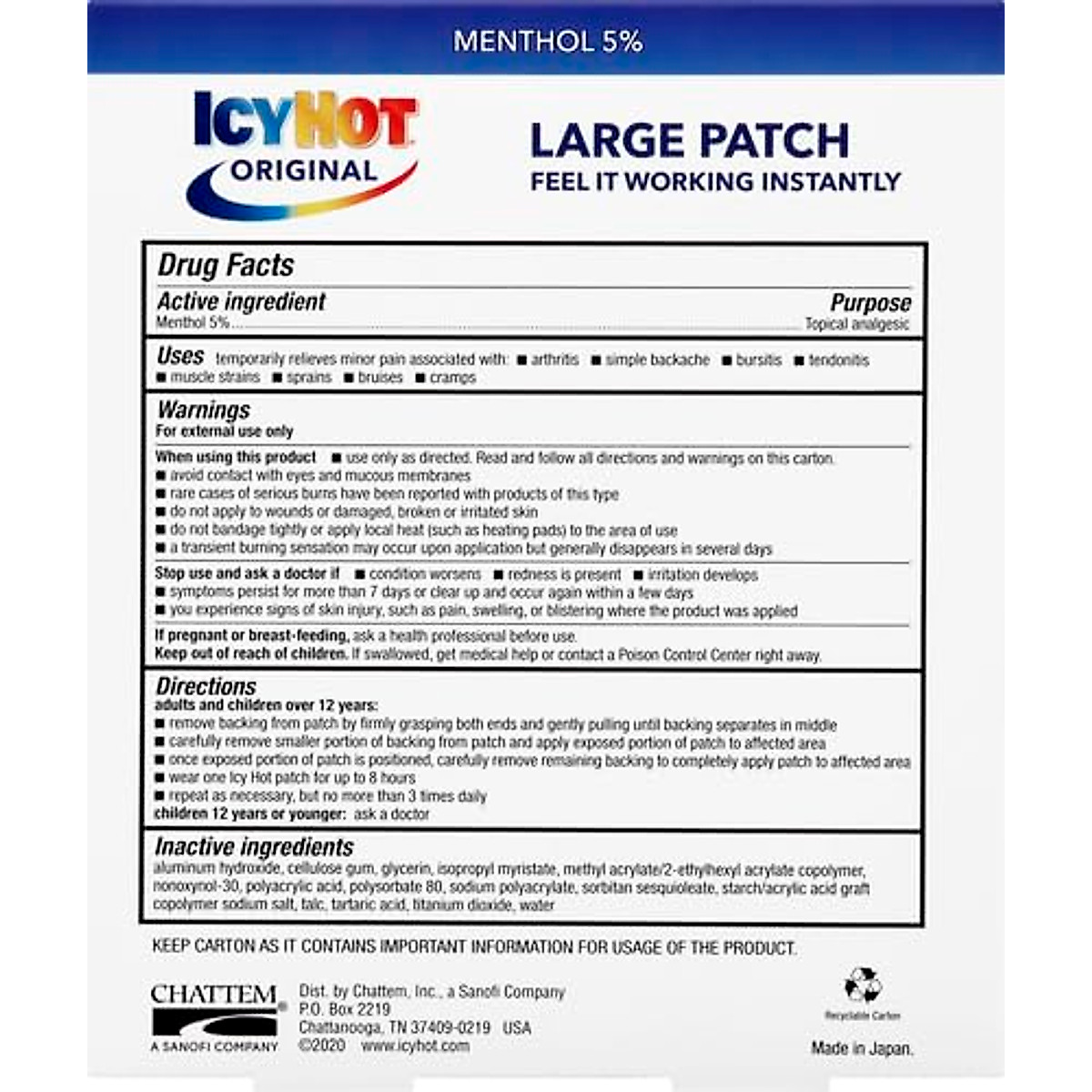 Icy Hot Original Medicated Pain Relief Patch, Large, 5 count