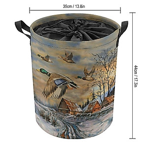 Brebasf Abstract Hunting Theme Duck Dirty Clothes Hampers Drawstring Large Volume,Vintage Farmhouse Oil Painting Forest Chickens Ducks Laundry Hamper Storage Basket-13.8"W X13.8"L X17.3"H