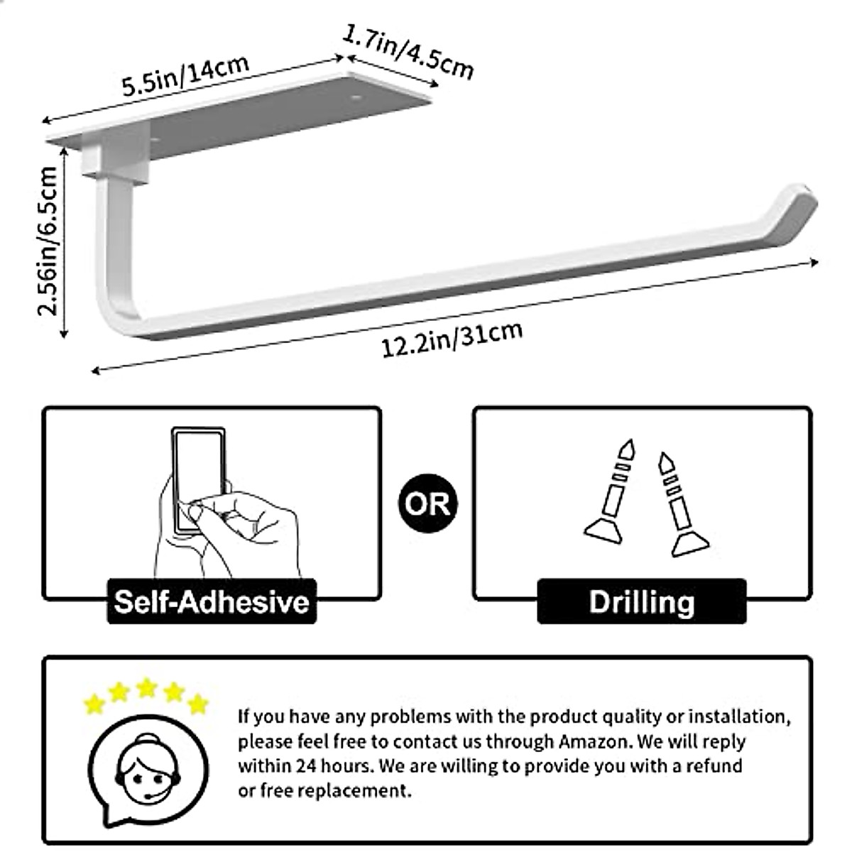 Paper Towel Holder - Self-Adhesive or Drilling, White Wall Mounted Paper Towel Rack Under Cabinet for Kitchen, Upgraded Aluminum Kitchen Roll Holder - Lighter but Stronger Than Stainless Steel!