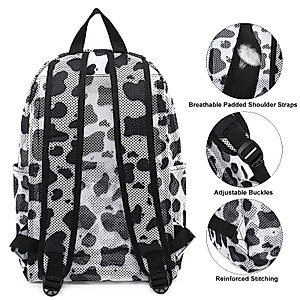 Xunteny Cow Print Mesh Backpack for Girls Women, Semi-Transparent Kids School Backpack College Bookbag Casual Daypacks for Beach Gym Travel