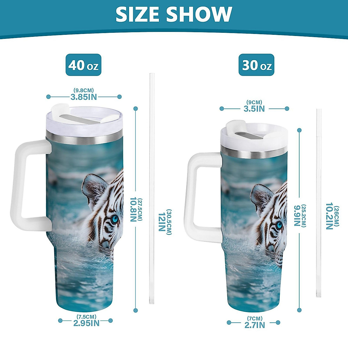 Qilmy 40 oz White Tiger Tumbler with Handle and Straw Lid for Water Iced Tea or Coffee, Stainless Steel Insulated Leak-proof Travel Coffee Mug Cup Gifts