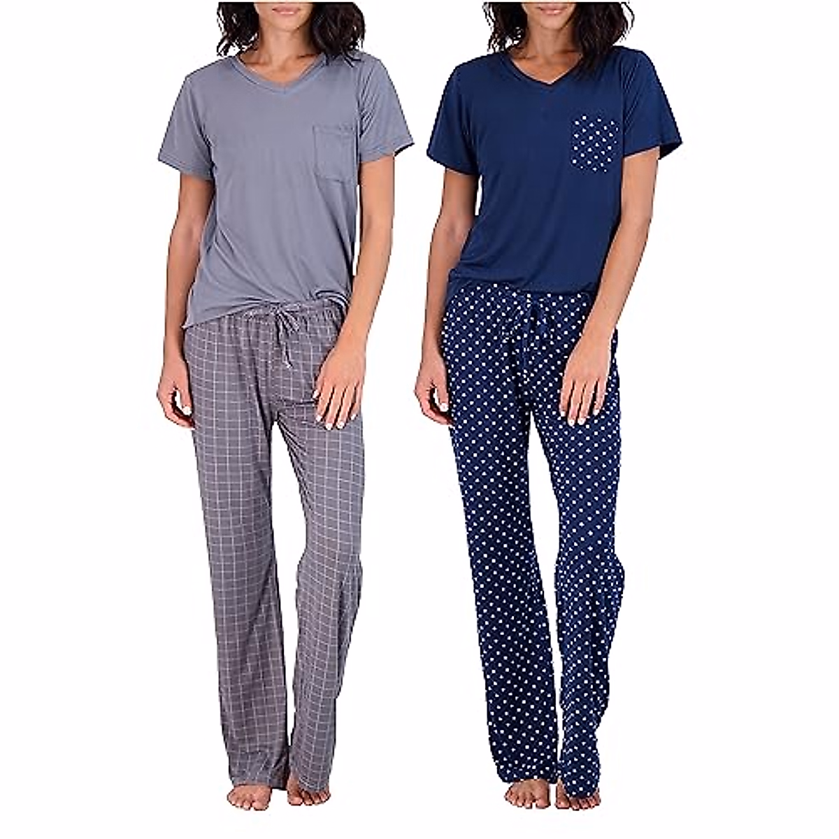 Real Essentials Women’s Pajama Sets Ladies Short Sleeve V-Neck Tops Pants Bottoms Bamboo Pijama Mujer comfy Soft PJ fashion Sleepwear Lightweight Sleep Lounge Night Wear, Set 6, XL, Pack of 2