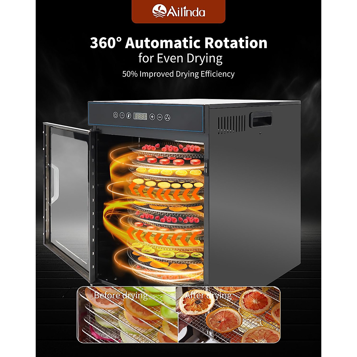 Food dehydrator, 12-layer stainless steel rotating dehydrator, suitable for food, jerky, dog food, herbs, vegetables, fruits, temperature function, 24-hour timer, overheating protection