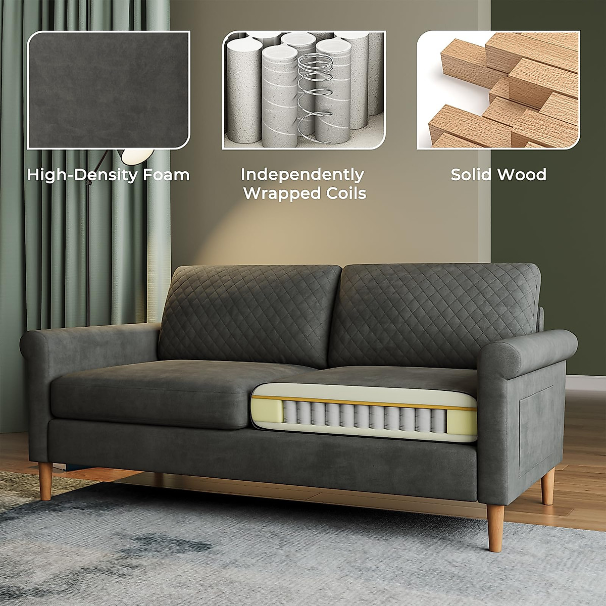 Vesgantti 65" Grey Loveseat, Comfy Small Couch, Mid Century Modern Decor Loveseat Sofa, Couches for Living Room, Small Couch for Bedroom, 2-Seat Sofa Living Room Furniture,No Tool Fast Assembly