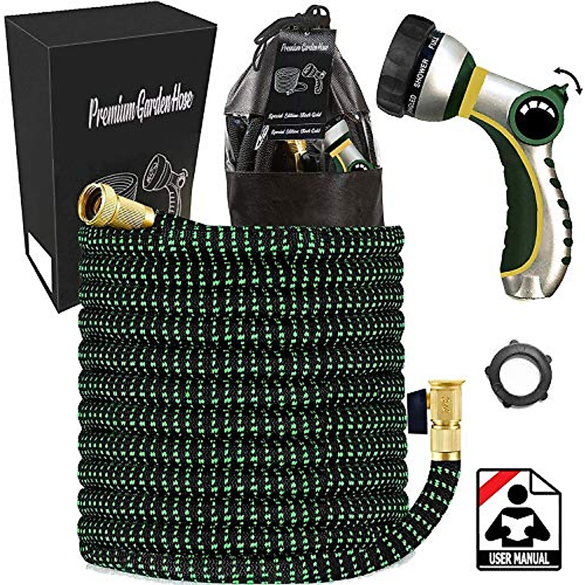 Water Hose Heavy Duty Expandable Hose – Black Green, Triple Layer, Stronger Triple Latex Core, Heavy Duty, Thumb Control Spray Nozzle 3/4 USA (75ft)