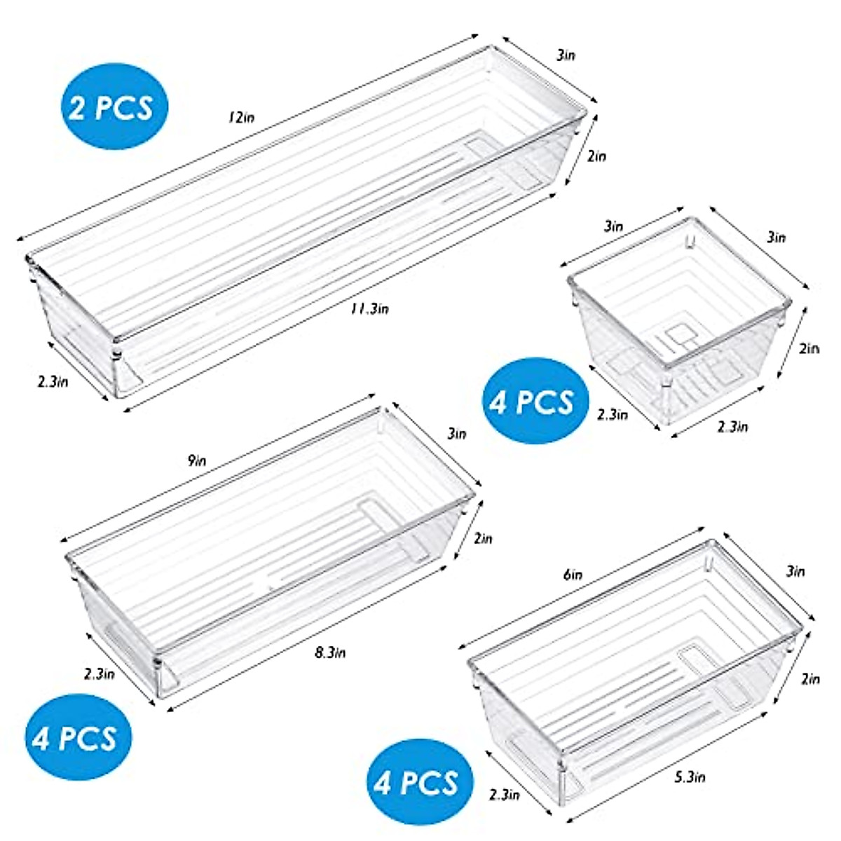 Fixwal 14pcs Drawer Organizer Set, 4-Size Clear Plastic Drawer Organizers Trays Bathroom Organizers Dresser Storage Bins Separation Box for Makeup, Kitchen Utensils, Jewelries, Gadgets, Bathroom