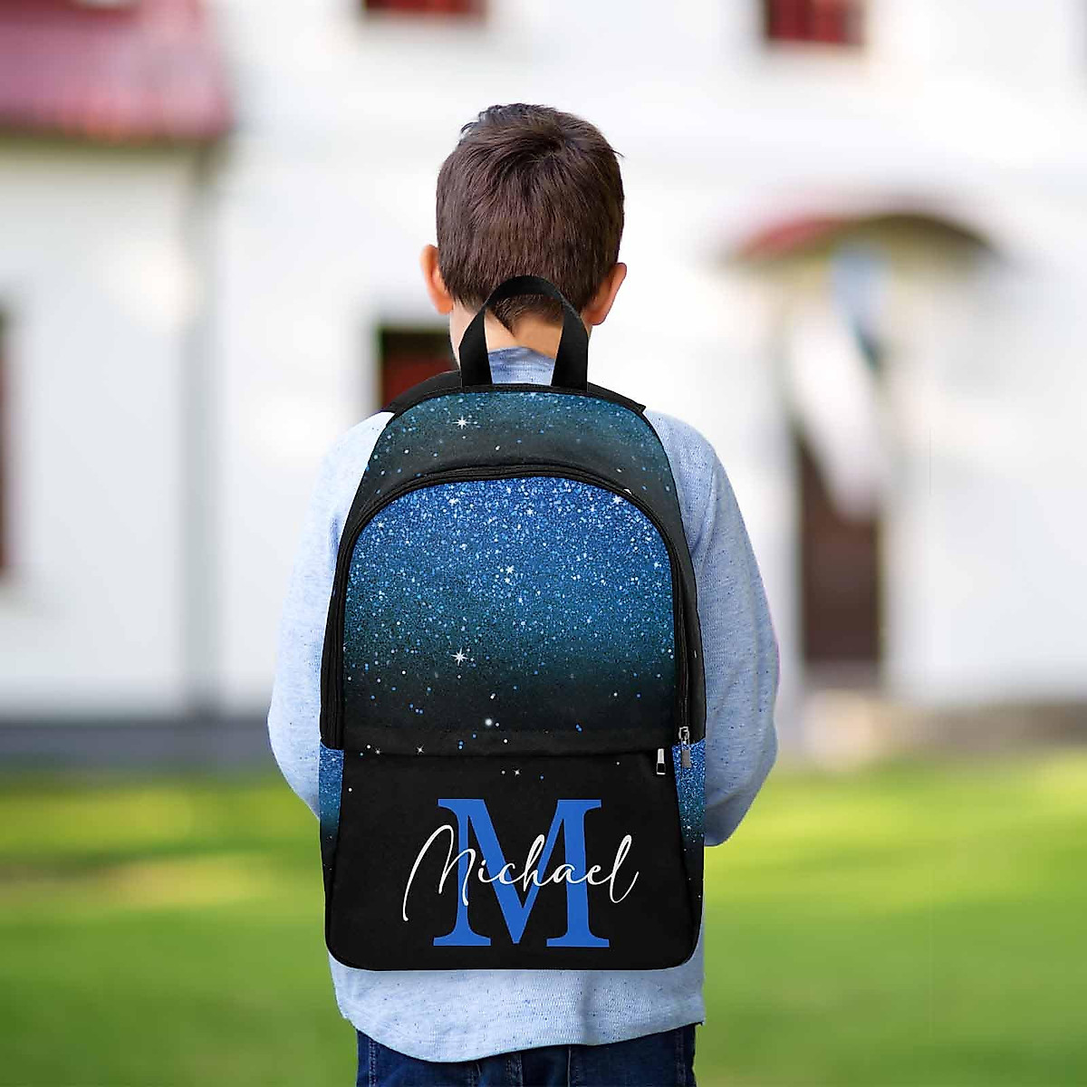 MyPupSocks Custom Backpack with Name for Son, Custom Blue Glitter with Stars Monogram School Bag Personalized Casual Daypacks Multipurpose Laptop Backpack Bookbag for Boys Girls Back School Gifts