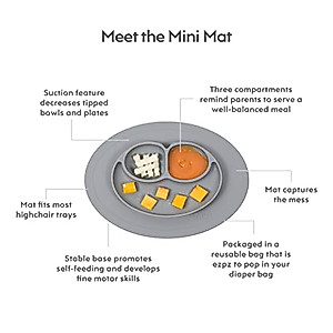 ez pz Mini Collection Set (Gray) - 100% Silicone Cup + Straw, Fork, Spoon & Mini Mat Suction Plate with Built-in Placemat for Infants + Toddlers - First Foods + Self-Feeding - 12 Months+
