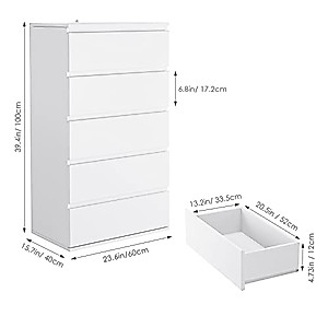 FOTOSOK 5 Drawer Dresser, Modern Storage Chest of Drawer with Large Storage Space, 23.6L x 15.7W x 39.4H Inch Bedroom Tall Nightstand Clothing Organizer Cabinet, White