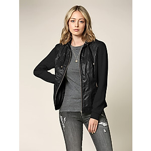Lock and Love LL WJC1347 Womens Faux Leather Zip Up Moto Biker Jacket with Hoodie XXL Black_Black