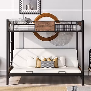 Harper & Bright Designs Twin Over Futon Bunk Bed, Metal Bunk Bed Convertible Couch and Bed, Twin Over Full/Futon Bunk Bed Frame for Kids Teens Adults Dorm, No Box Spring Needed (Black)