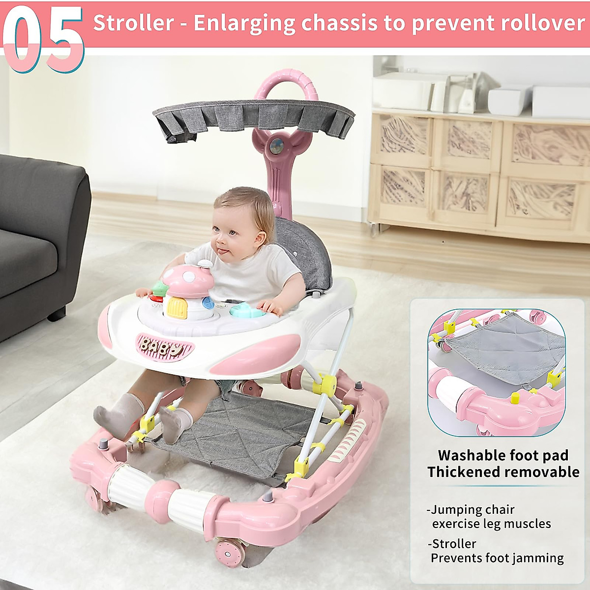 Dingdong Baby Walker - 4 in 1 Baby Walker with Wheels, Variable Rocking Horse, Walker for Baby Girl Adjustable Height (8-17in) and Width, Baby Walkers for Girls, Foot Pads/Handles, Portable Foldable