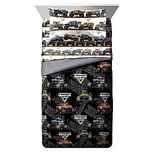 Jay Franco Monster Jam Tracks 5 Piece Full Bed Set - Includes Comforter & Sheet Set - Bedding Features Grave Digger &,Megalodon - Super Soft Fade Resistant Microfiber (Official Monster Jam Product)