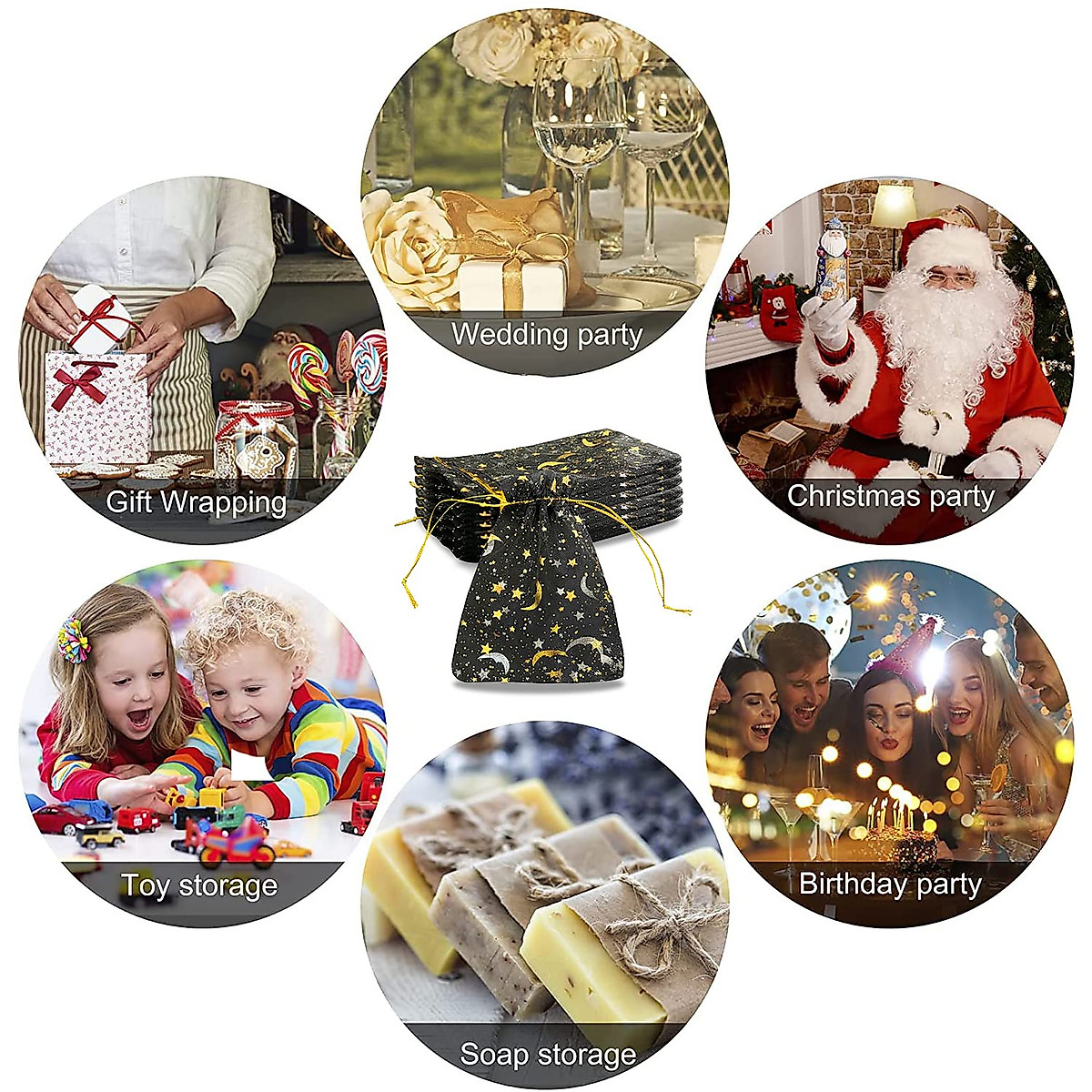 100 Pcs 3.5 x 4.7 Inch Black Organza Jewelry Gift Bag, Moon Star Drawstring Candy Bag for Wedding Party Valentine's Day.