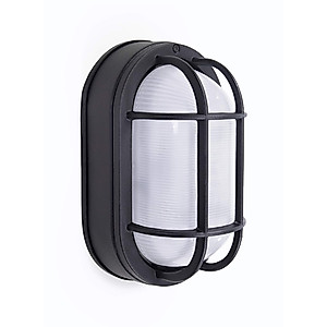 CORAMDEO Outdoor 8.5” Oval LED Nautical Bulkhead Light, Flush Mount for Wall or Ceiling, Wet Location, 75W of Light, 800 Lumens, 3K, Black Cast Aluminum with Frosted Glass Lens