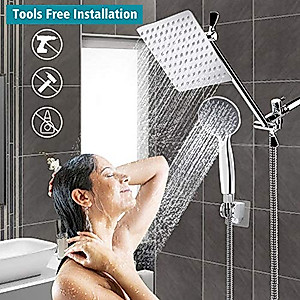 8'' High Pressure Rainfall Shower Head/Handheld Shower Combo with 11'' Extension Arm, Height/Angle Adjustable, Stainless Steel Bath Shower Head with Holder, 1.5M Hose, Chrome, 4 Hooks