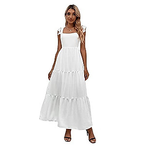 SOLY HUX Women's Summer Square Neck Sleeveless Shirred Ruffle Hem A Line Flowy Long Maxi Dress White L