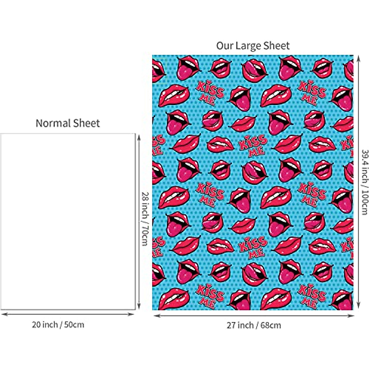 CAMKUZON Reversible Wrapping Paper for Valentine's Day, Birthday, Wedding, Holiday - 3 Large Sheets Red Lip with KISS ME and Heart Design Gift Wrap - 27 Inch X 39.4 Inch Per Sheet