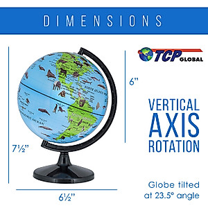 TCP Global 6" World Globe with Wildlife Animals of the World - Zoo, Blue Oceans, Vertical Axis Rotation - Educational Map, Learn Earth's Geography - School, Home Office, Shelf Desktop Display