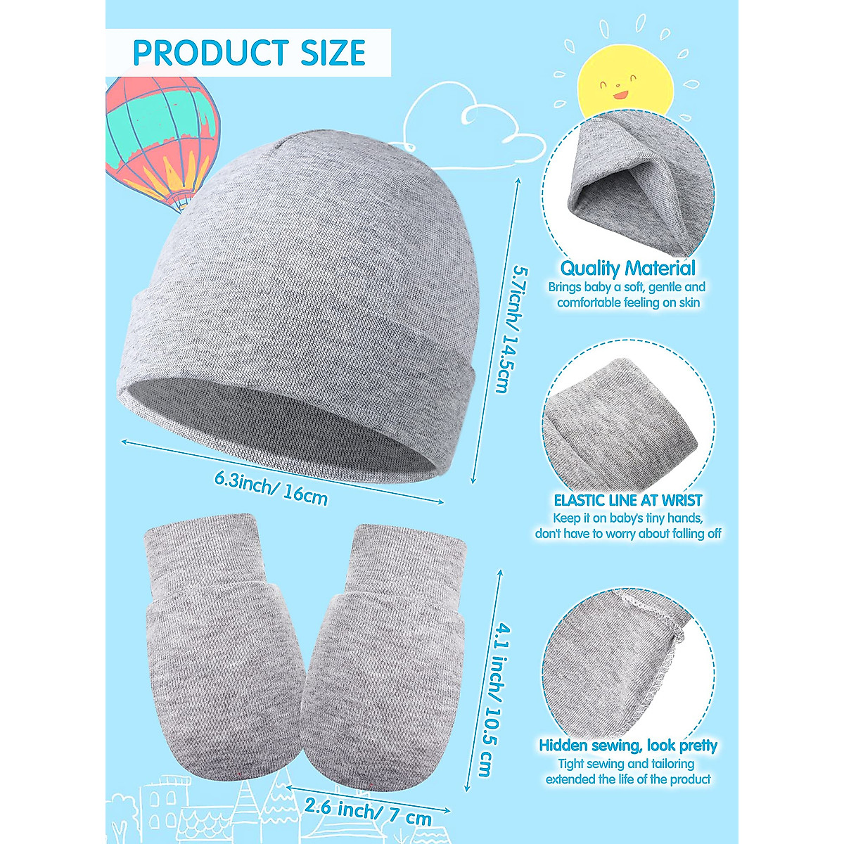 Newborn Hats and Mittens Set Unisex Baby Beanie Hats Gloves (8 Colors,16 Pieces)