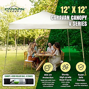 Caravan Canopy V Series 12 by 12 Foot Outdoor Shade Instant Canopy Kit with Steel Frame and 150D Polyester Canopy Top, 3 Leg Height Settings, White