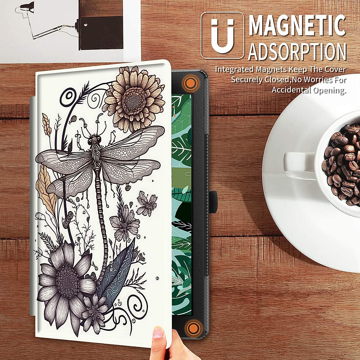 FUYOCWE Case for Samsung Galaxy Tab A8 Case 10.5 Inch Tablet 2022 Model SM-X200/X205/X207,360 Degree Rotating Swivel Anti Slide Stand Flip Smart Cover Case-Dragonfly Flower Drawing yyyy