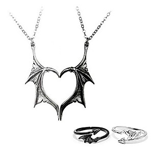 Demon Dragon Wing Love Heart Pendant Necklace Matching Charm Love Heart Feather Shaped Necklace Angel Devil Wings Rings Jewelry Set for Couple Family Friendship-set1