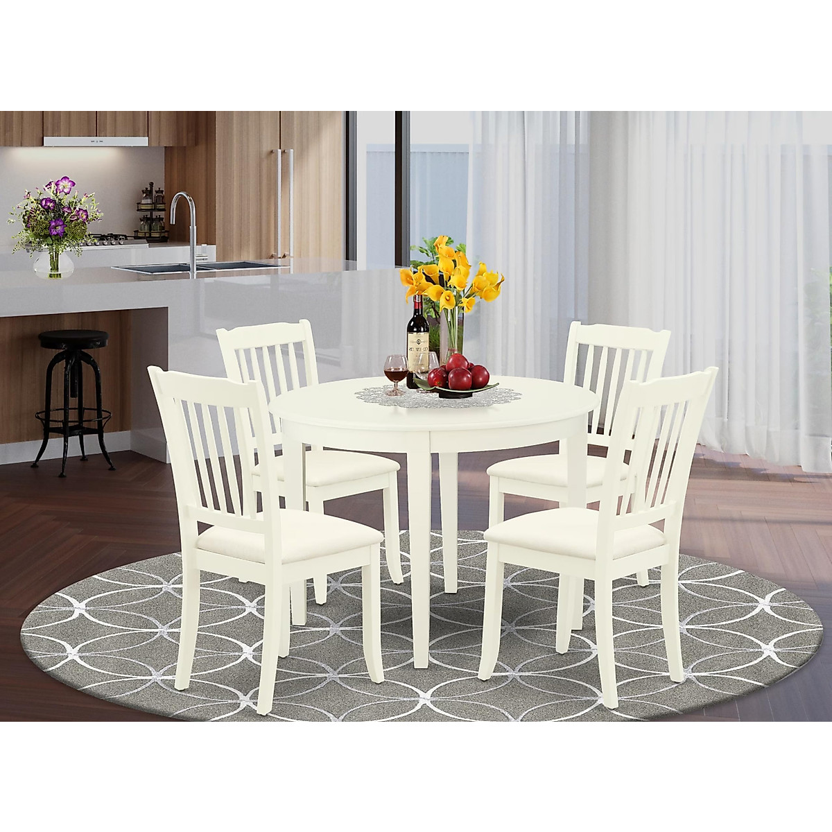 East West Furniture BODA5-WHI-C 5 Piece Dinette Set for 4 Includes a Round Kitchen Table and 4 Linen Fabric Upholstered Dining Chairs, 42x42 Inch, Linen White