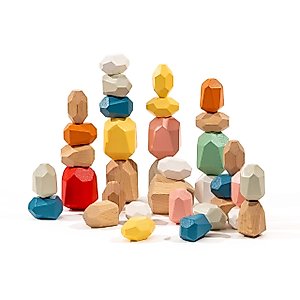 JumpOff Jo - 36 Piece Wooden Balancing Blocks & Stacking Stones Set - Montessori Toys for Toddlers - Sensory Building Stones, Educational & Natural Toys for Kids
