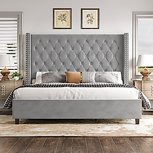 PaPaJet King Size Bed Frame 61.4" Tall Headboard Upholstered Velvet Platform Bed with Handmade Deep Button Tufted/No Box Spring Required/Grey