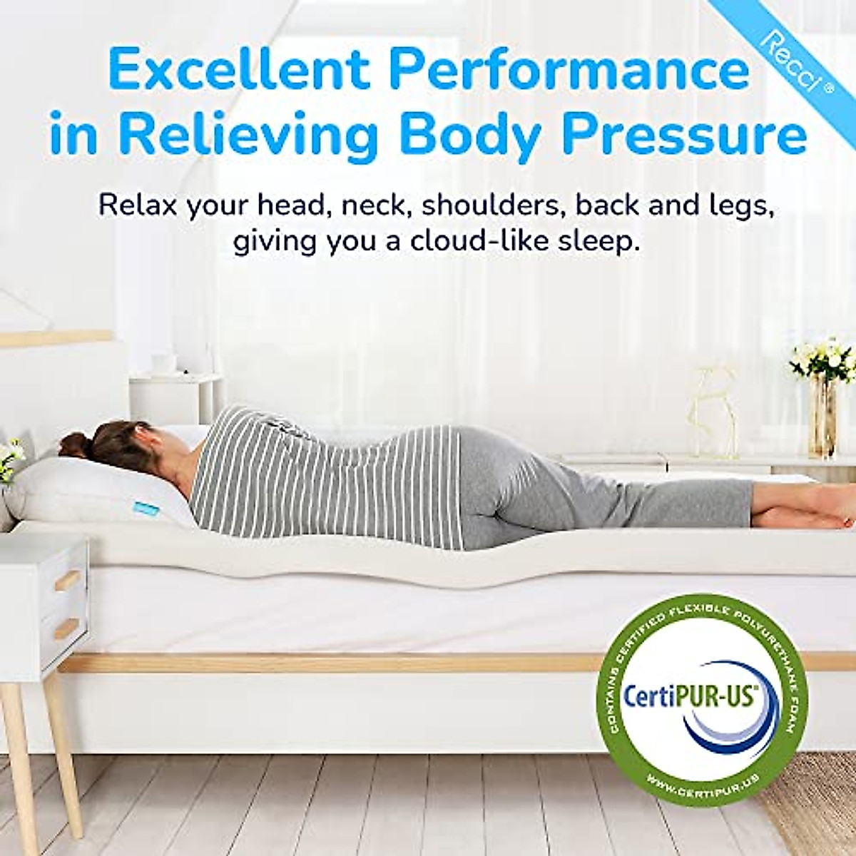 RECCI 3 Inch King Memory Foam Mattress Topper, Pressure-Relieving Mattress Topper for Back Pain, Foam Mattress Topper with Removable & Washable Cover, CertiPUR-US Certified, King Size