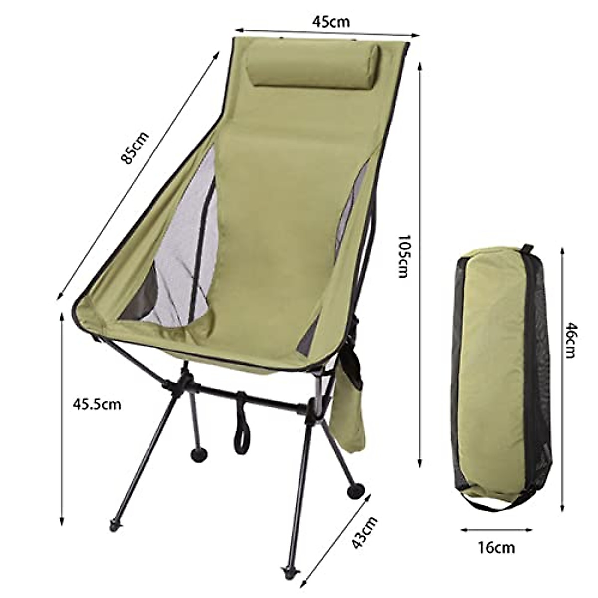 Sequpr Ultralight High BackOutdoor Folding Camping Chair， Heavy Duty Mesh Lightweight Beach Lounge Chair with Pillow and Cup Bag, Large Chair for Travel, Hiking,Fishing,Beach (Green)