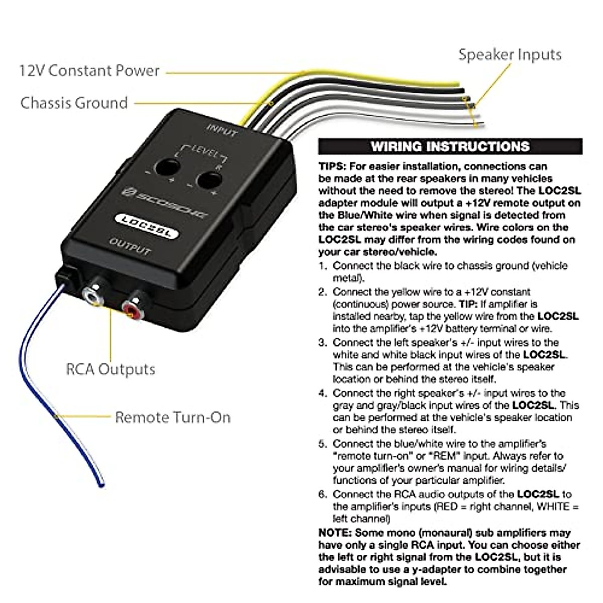 Scosche LOC2SL Line Output Converter Adjustable Amplifier Add On Module for Car Stereo, 2-Channel Signal Sensing Speaker Wire to RCA Adapter with Remote Control Knob, Black