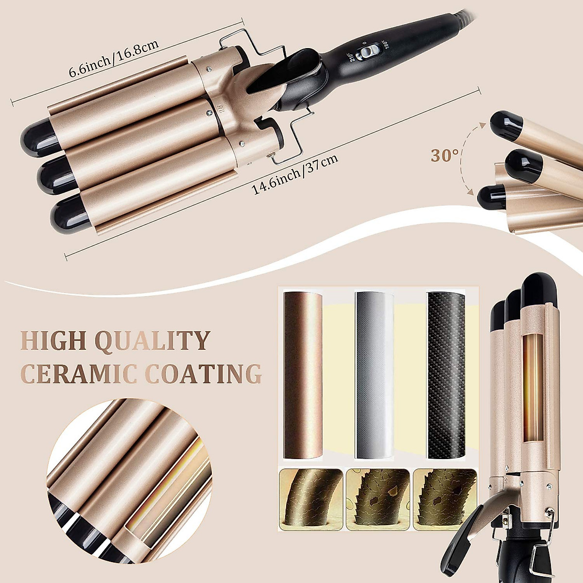 3 Barrel Curling Iron Wand - Dual Voltage Temperature Adjustable 25mm Hair Crimper,1 Inch Ceramic Tourmaline Triple Barrels,Hair Waving Styling Tools