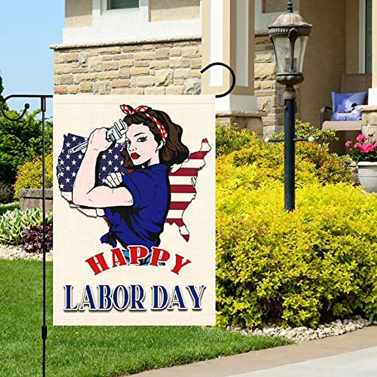 Happy Labor Day Garden Flag Celebrate Labor Day Woman Working Patriotic USA Flags 12 x 18 Double Sided Burlap Banner for Home House Outdoor Garden Yard Lawn Decor(ONLY FLAG)