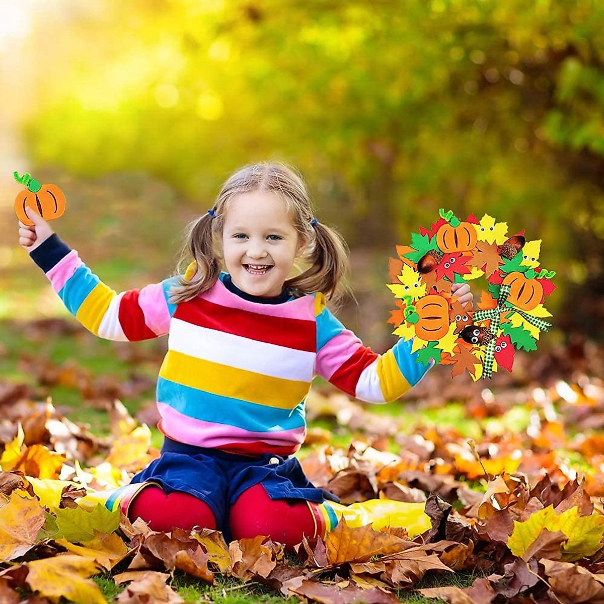 Supla 12 Kits 3D Pumpkin Fall Leaf Wreath Craft Kit DIY Thanksgiving Wreath with Maple Leaves Acorns Bows Wiggle Eyes for Kids Crafts Fall Thanksgiving Halloween Seasonal Decoration