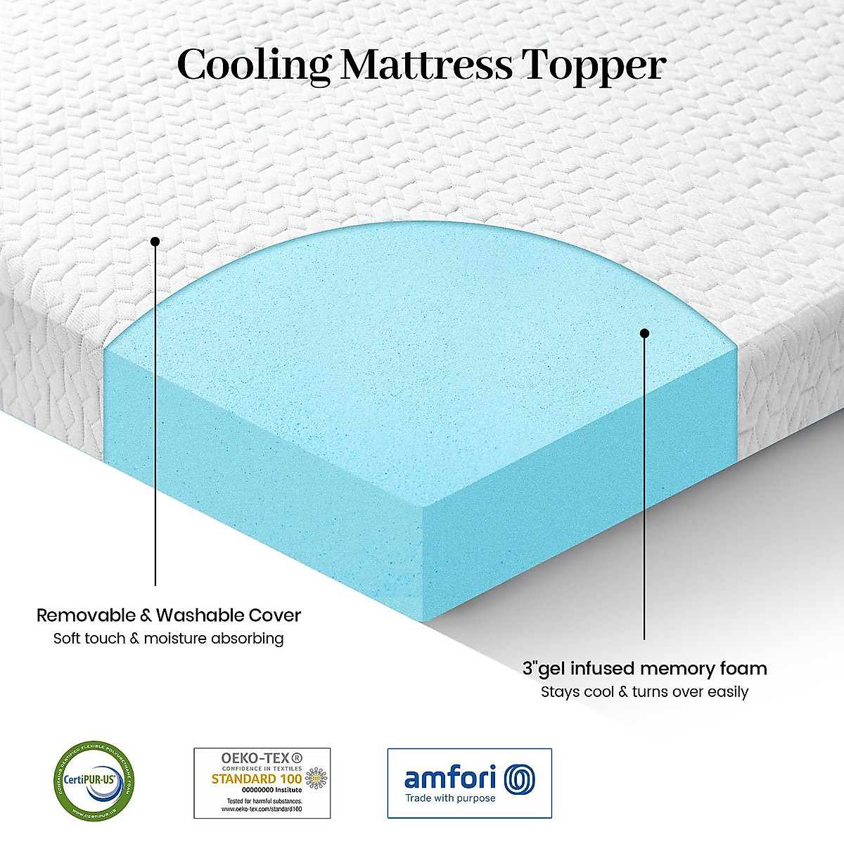 3 Inch Gel Memory Foam Mattress Topper Queen Size, Cooling Bed Topper with Removable Bamboo Soft Cover, CertiPUR-US Certified, White
