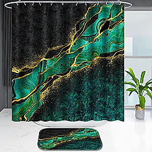 Poedist 4 Pcs Gold Edge Marble Bathroom Shower Curtain Set, Bathroom Sets with Shower Curtain and Rugs(Bath Mat,U Shape and Toilet Lid Cover Mat) and 12 Hooks-Green