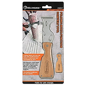 ROLLINGDOG Paint Scraper-Folding Painters Tool 9-in-1 Beech Wooden Handle Includes Paint Roller Cleaner, Nail Puller, Putty Knife Scraper, Hammer End
