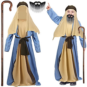 Patelai 6 Pcs Child Shepherd Costume Kids Child Costume with Robe Lining Scarf Sash Cane Beard for Halloween Cosplay(Medium)