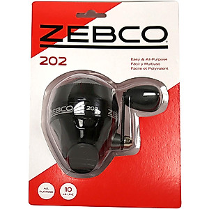 Zebco 202 Spincast Fishing Reel, Size 30 Reel, Right-Hand Retrieve, Durable All-Metal Gears, Stainless Steel Pick-up Pin, Pre-Spooled with 10-Pound Zebco Fishing Line, Black, Clam Packaging