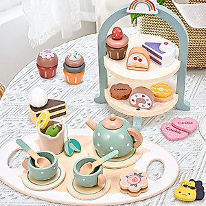 Atoylink Wooden Tea Party Set for Little Girls 28 Pcs Toddler Tea Set with Cupcake Stand & Food Pretend Play Accessories Kids Kitchen Playset Wooden Toys for 2 3 4 5 6 Year Old Girl Birthday Gift