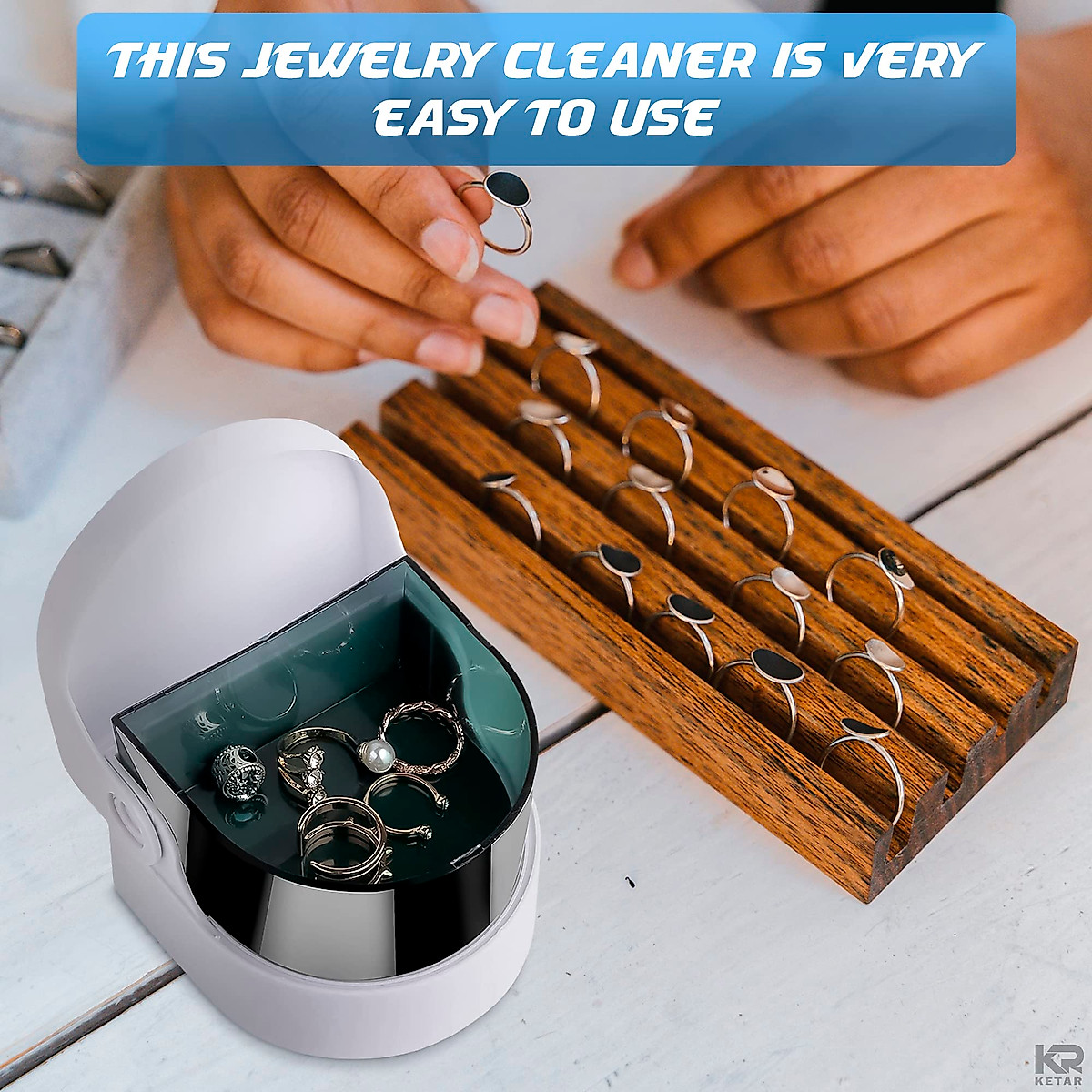 Sonic Cordless Denture Cleaner for Jewellery Ring, Necklace, Coins & Dentures - Portable Battery Vibrating Machine for Professional or Personal Use